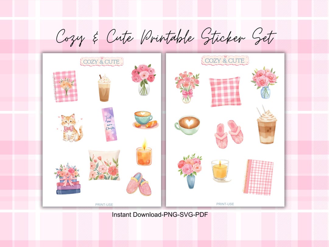 Printable Cozy Cute Sticker Sheet Set Digital Download Girly Sticker ...
