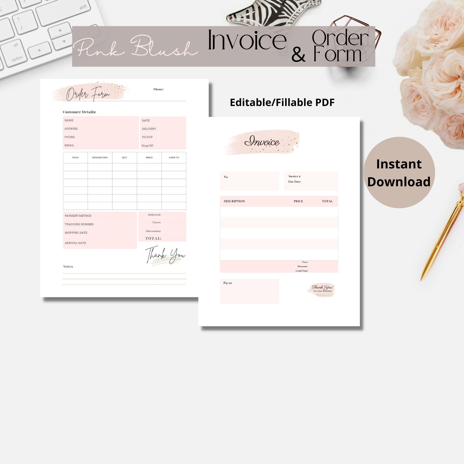 Editable Invoice Order Form Bundle Pink Blush Invoice & Order Form ...