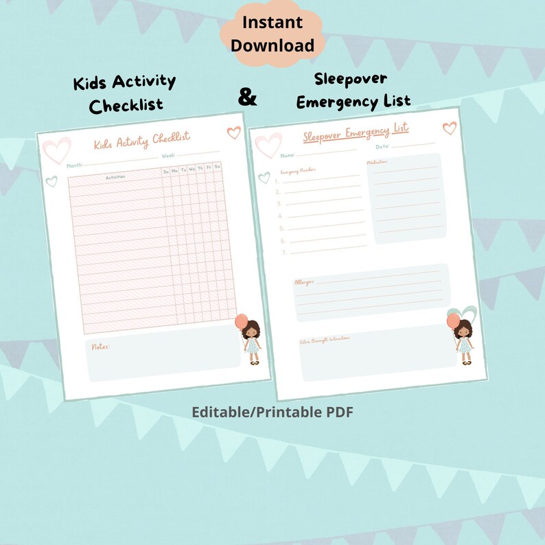 Editable Kids Activity Checklist and Sleepover Emergency List Printable ...