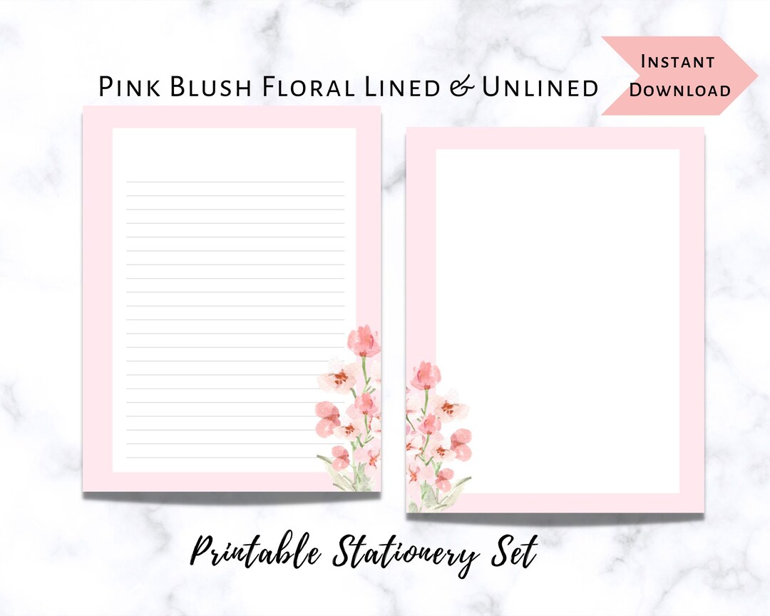 Pink Blush Floral Printable Stationery Set Printable Lined and Unlined ...