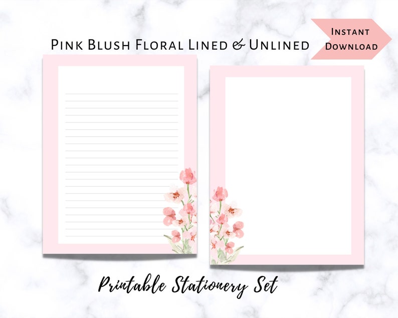 Pink Blush Floral Printable Stationery Set Printable Lined and Unlined ...