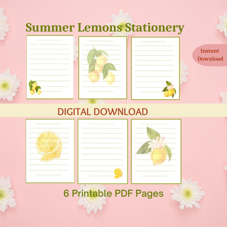 Summer Lemon Printable Stationery Digital Download Lemon | Etsy