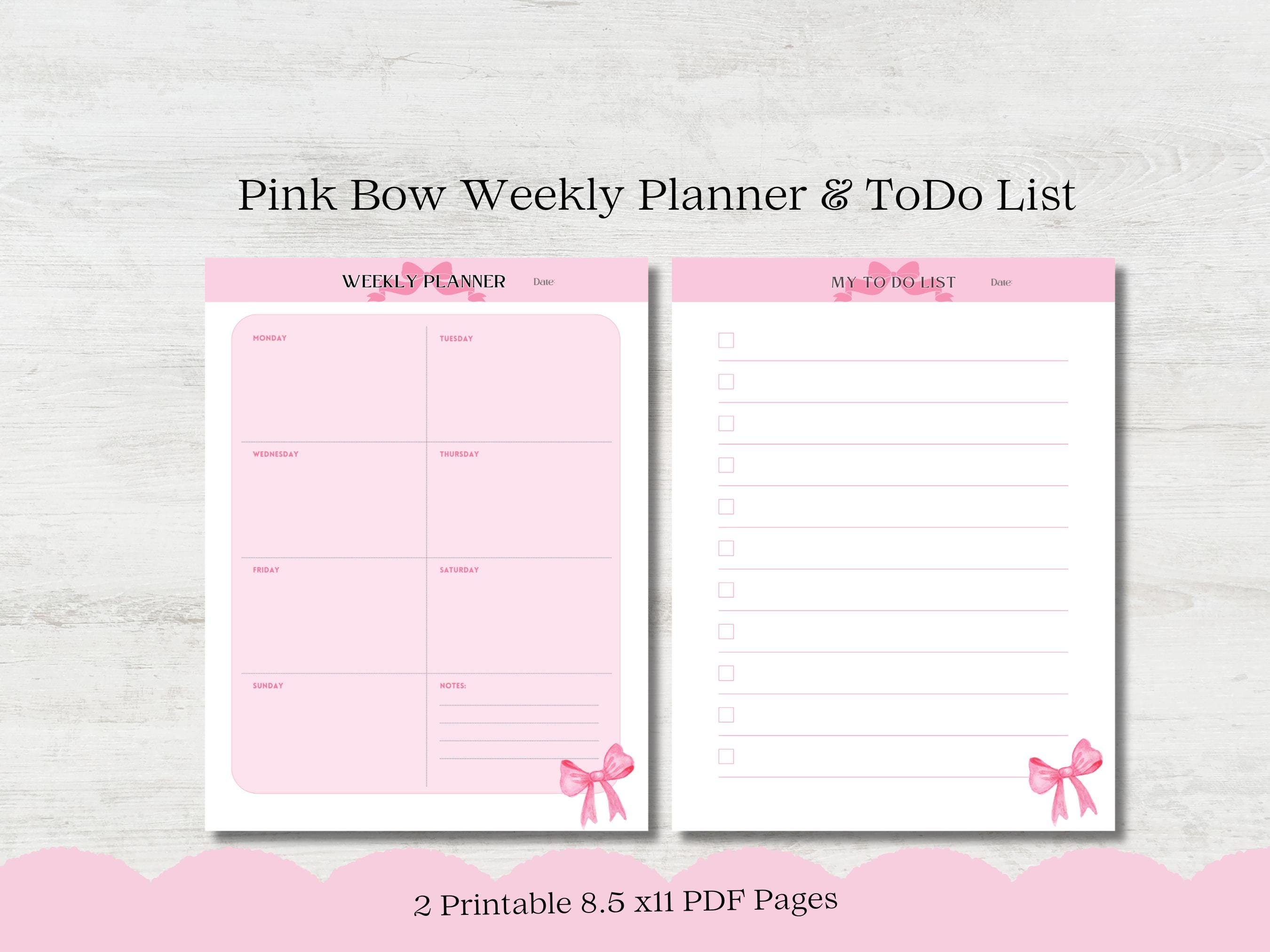 Pink Bow Printable Daily Planner Coquette Bow Pink Printable to Do List ...