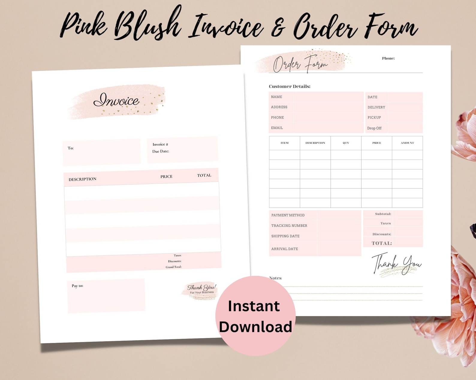 Editable Invoice Order Form Bundle Pink Blush Invoice & Order Form ...