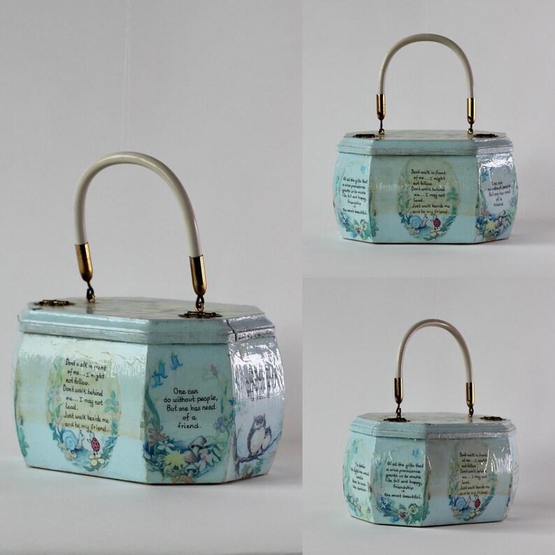 1960s Pale Blue Wooden Decoupaged Box Bag/purse With White Plastic ...