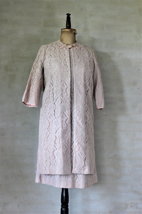 1960s Vintage Two-piece Pale Rose Lace Dress and Coat… - Gem