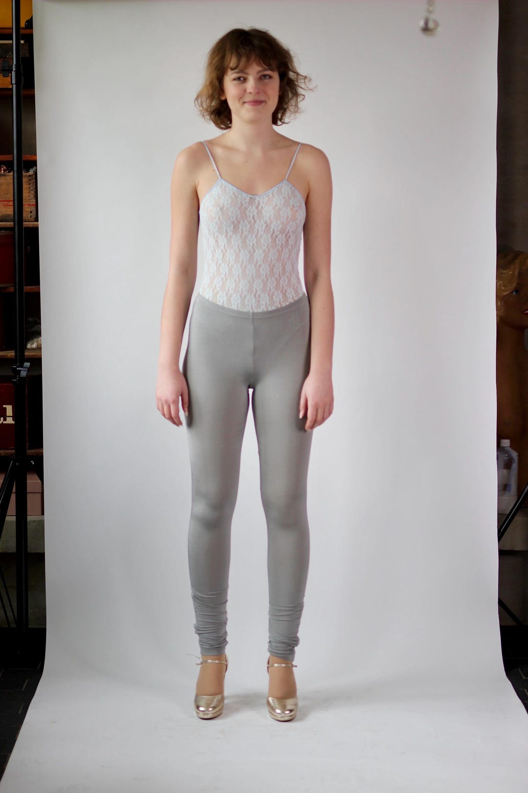 Vintage Y2K Silver Leggins // Extra Long Leggings // Draped // Size M ...