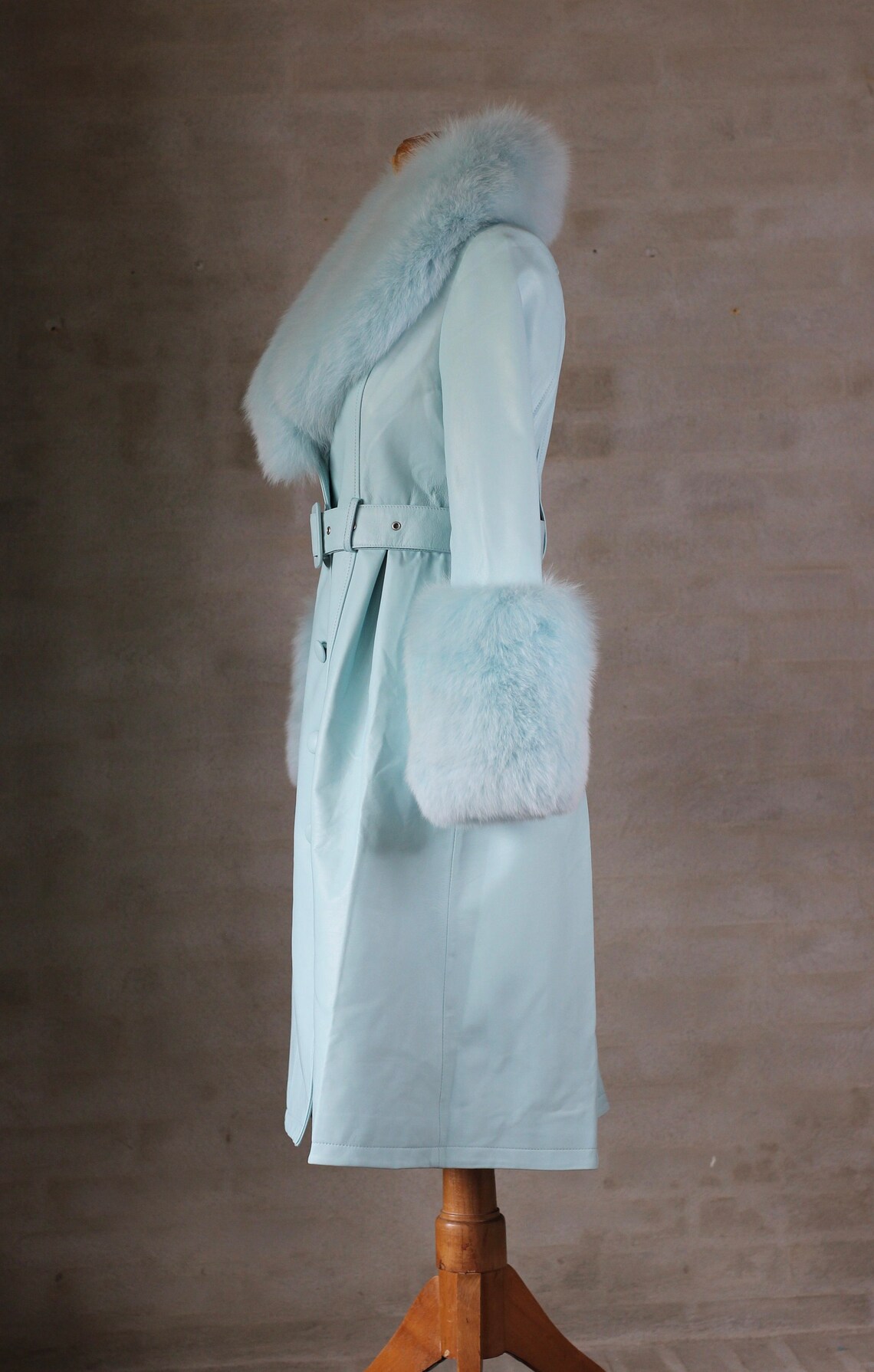 CLARA Size L M Light Blue Leather Trench Coat With Fox Fur Cuffs and ...