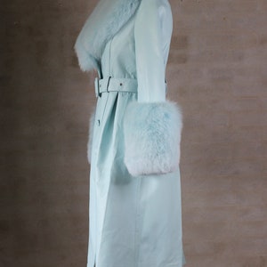 CLARA Size L M Light Blue Leather Trench Coat With Fox Fur Cuffs and ...