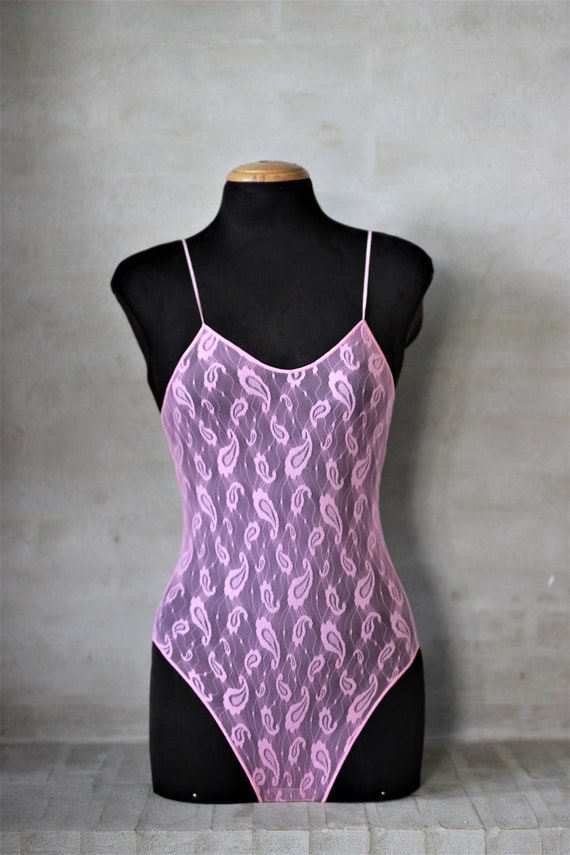 1980s Mary Quant Pink Paisley Lace Bodysuit//Deadstoc… - Gem