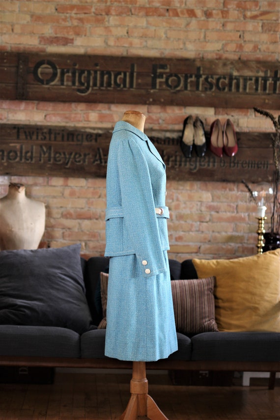 1960's Italian Blue Wool Skirt/Blazer Suit with White… - Gem