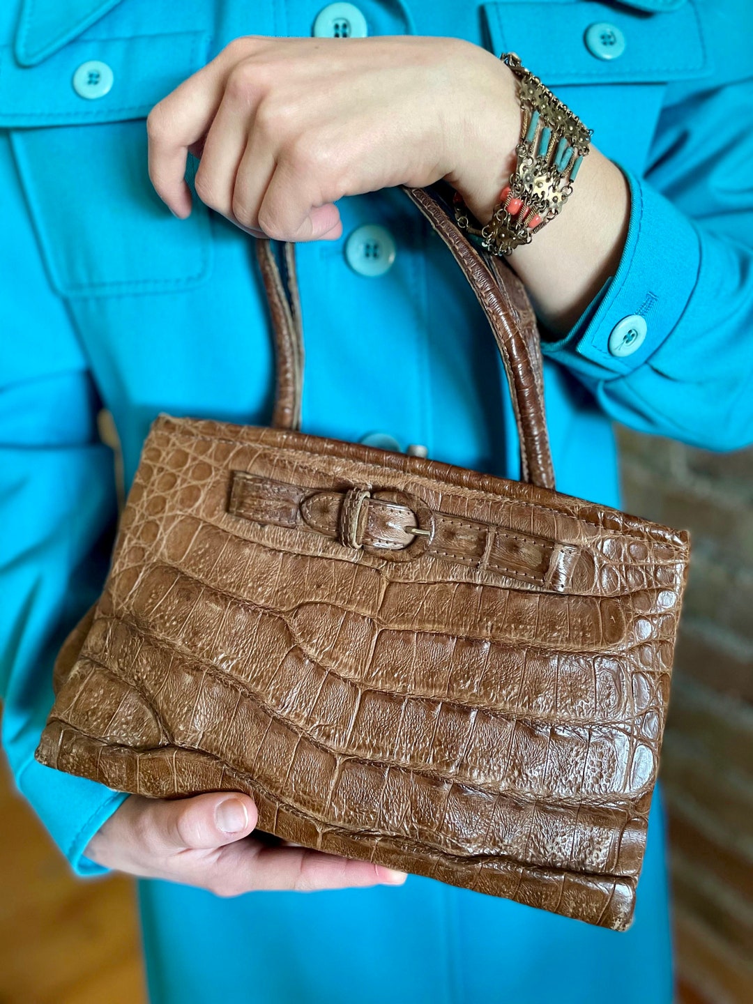 Brown 1960s Leather Top Handle Bag With Croco Pattern / Faux Kroko ...