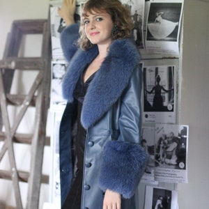 LAURA * ALL SIZES * Blue Leather Trench Coat With Fox Fur Cuffs and ...