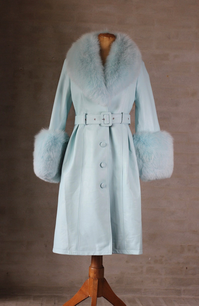 CLARA * ALL SIZES * Light Blue Leather Trench Coat With Fox Fur Cuffs ...