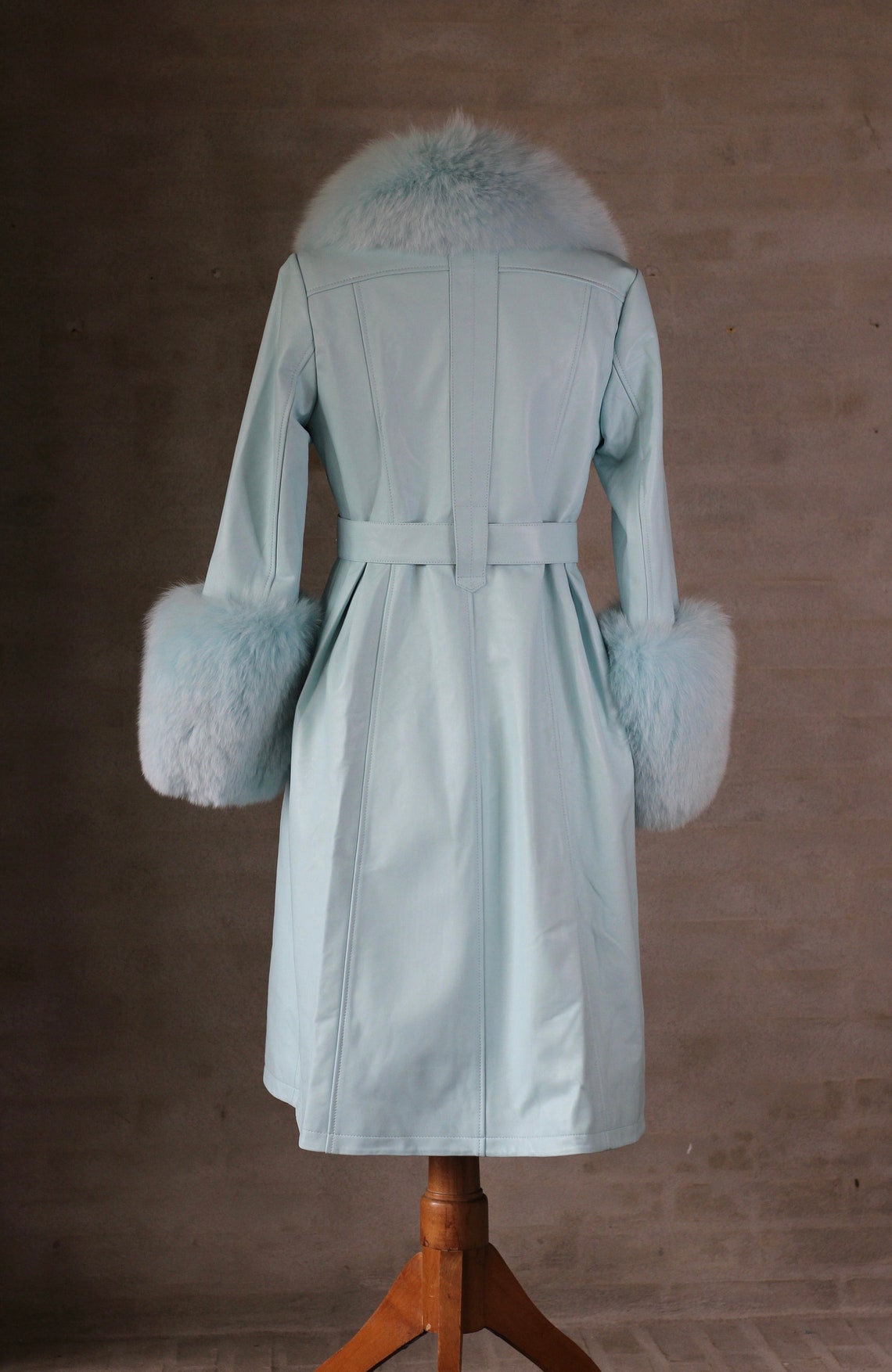 CLARA Size L M Light Blue Leather Trench Coat With Fox Fur Cuffs and ...