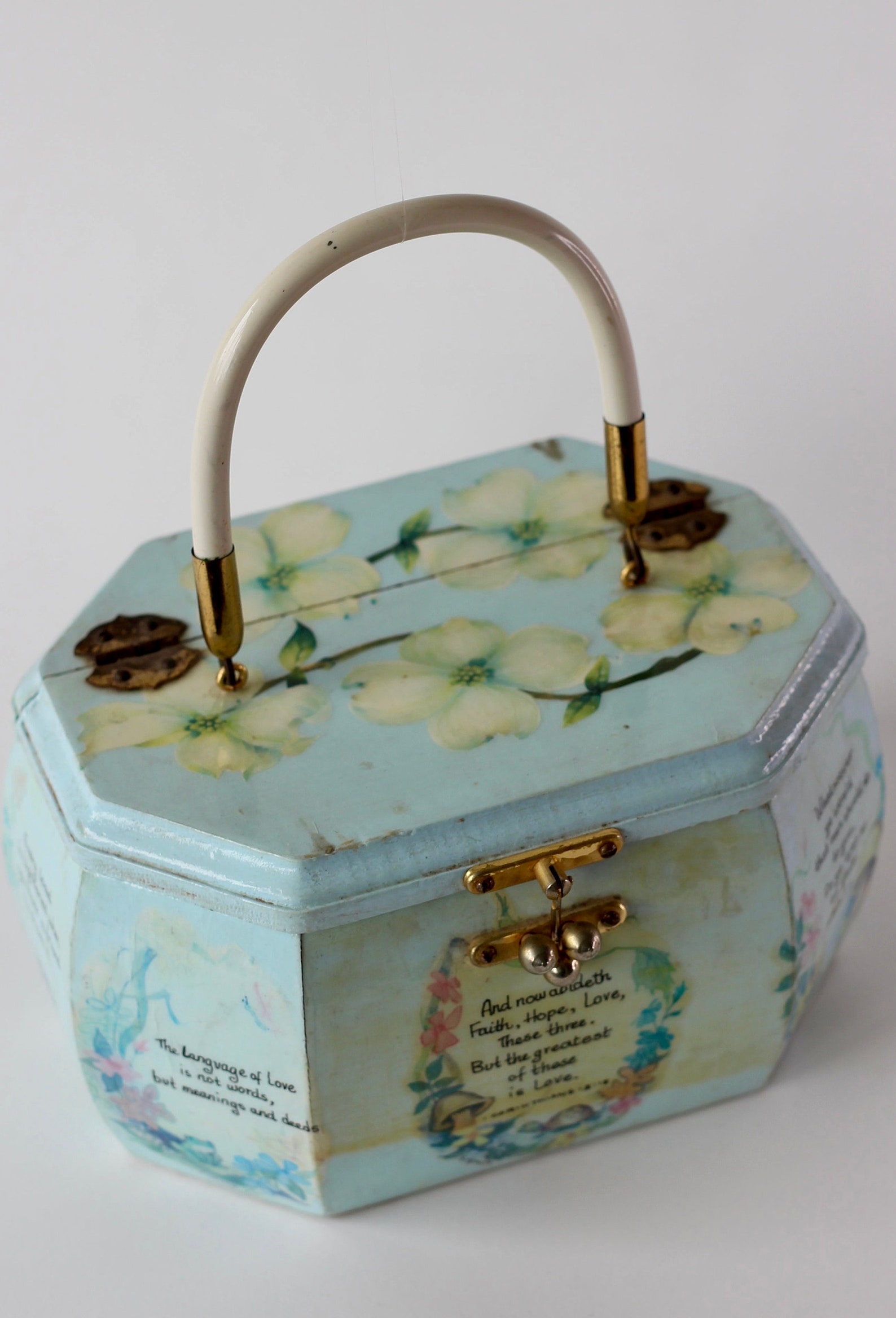1960s Pale Blue Wooden Decoupaged Box Bag/purse With White Plastic ...