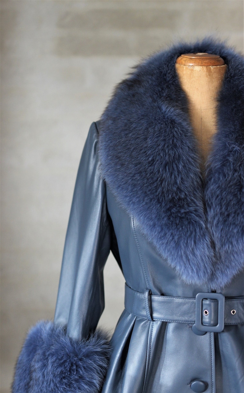 LAURA * ALL SIZES * Blue Leather Trench Coat With Fox Fur Cuffs and ...