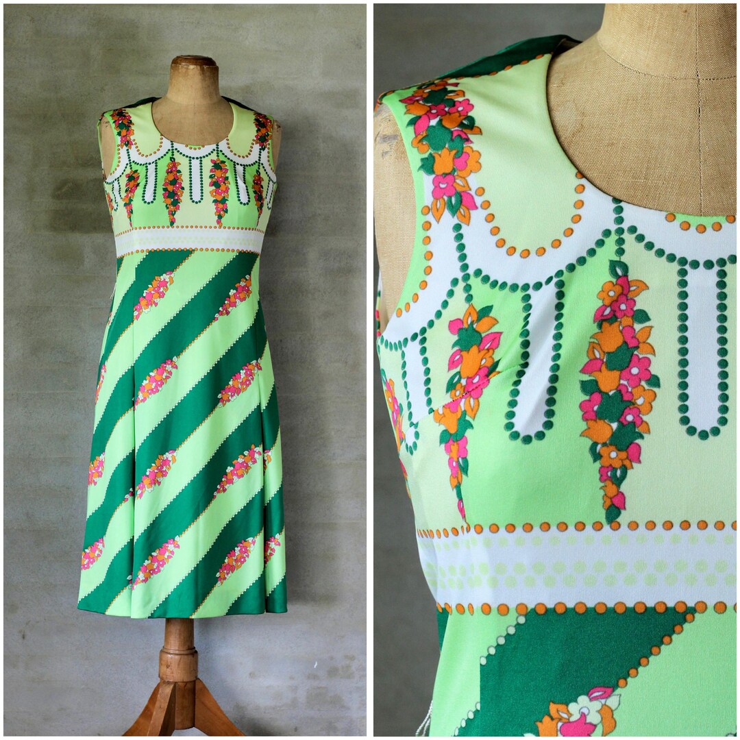 1970s Vintage Green Mod Dress // Exclusive Original Handprint in Bright ...