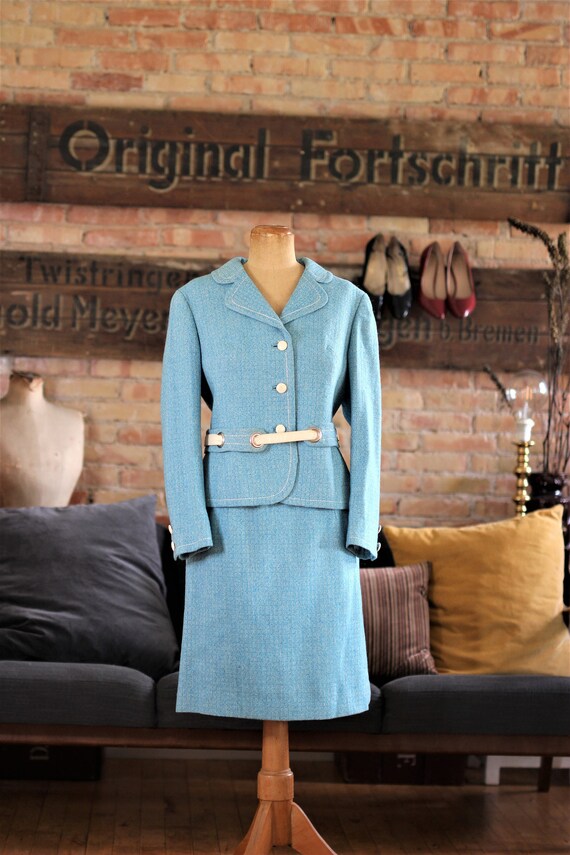 1960's Italian Blue Wool Skirt/Blazer Suit with White… - Gem