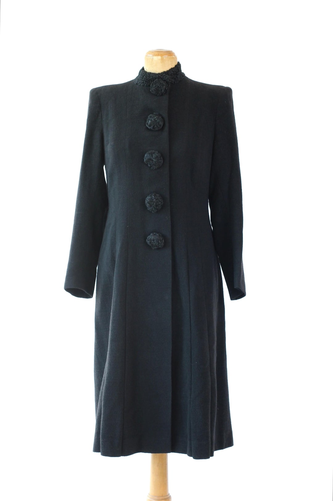 1930s Vintage Black Wool Coat With Persian Collar and Buttons // Size S ...