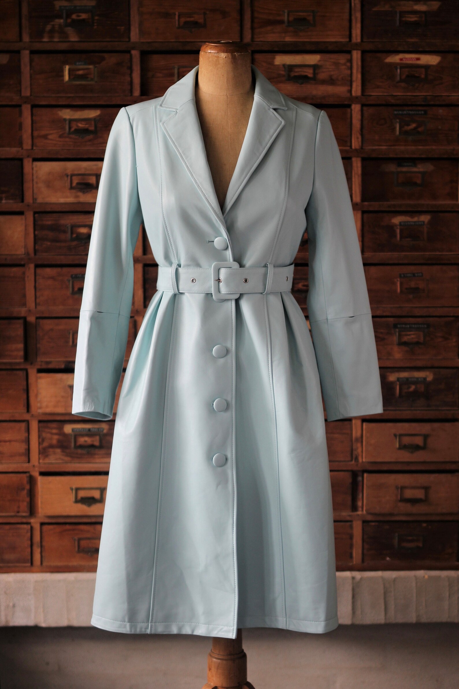 CLARA Size L M Light Blue Leather Trench Coat With Fox Fur Cuffs and ...
