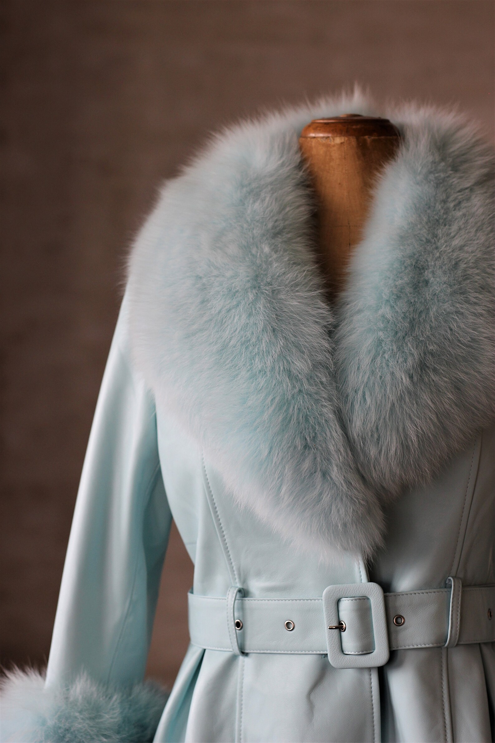 CLARA Size L M Light Blue Leather Trench Coat With Fox Fur Cuffs and ...