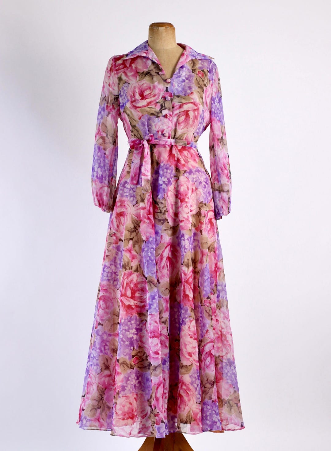 1960s 1970s Vintage Maxi Floral Sheer Dress // Belted // Long Sleeves ...