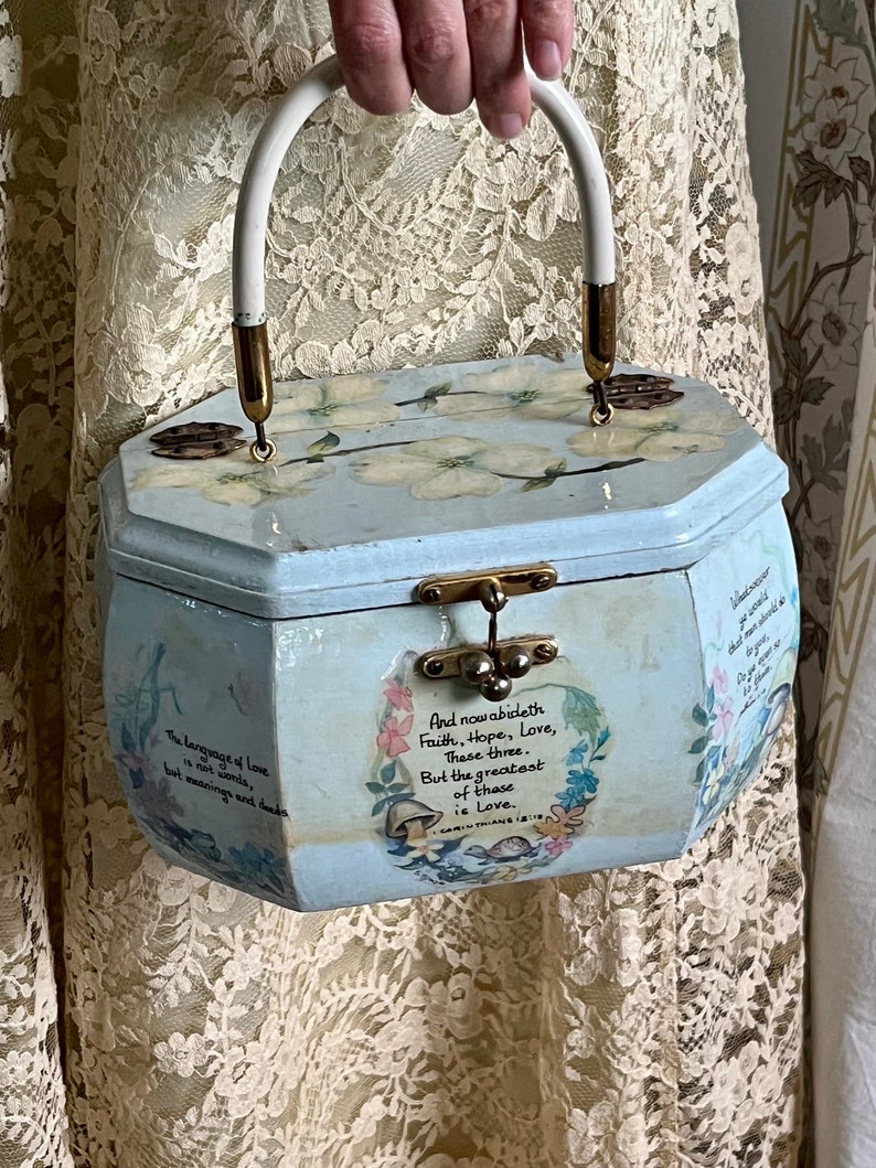 1960s Pale Blue Wooden Decoupaged Box Bag/purse With White Plastic ...
