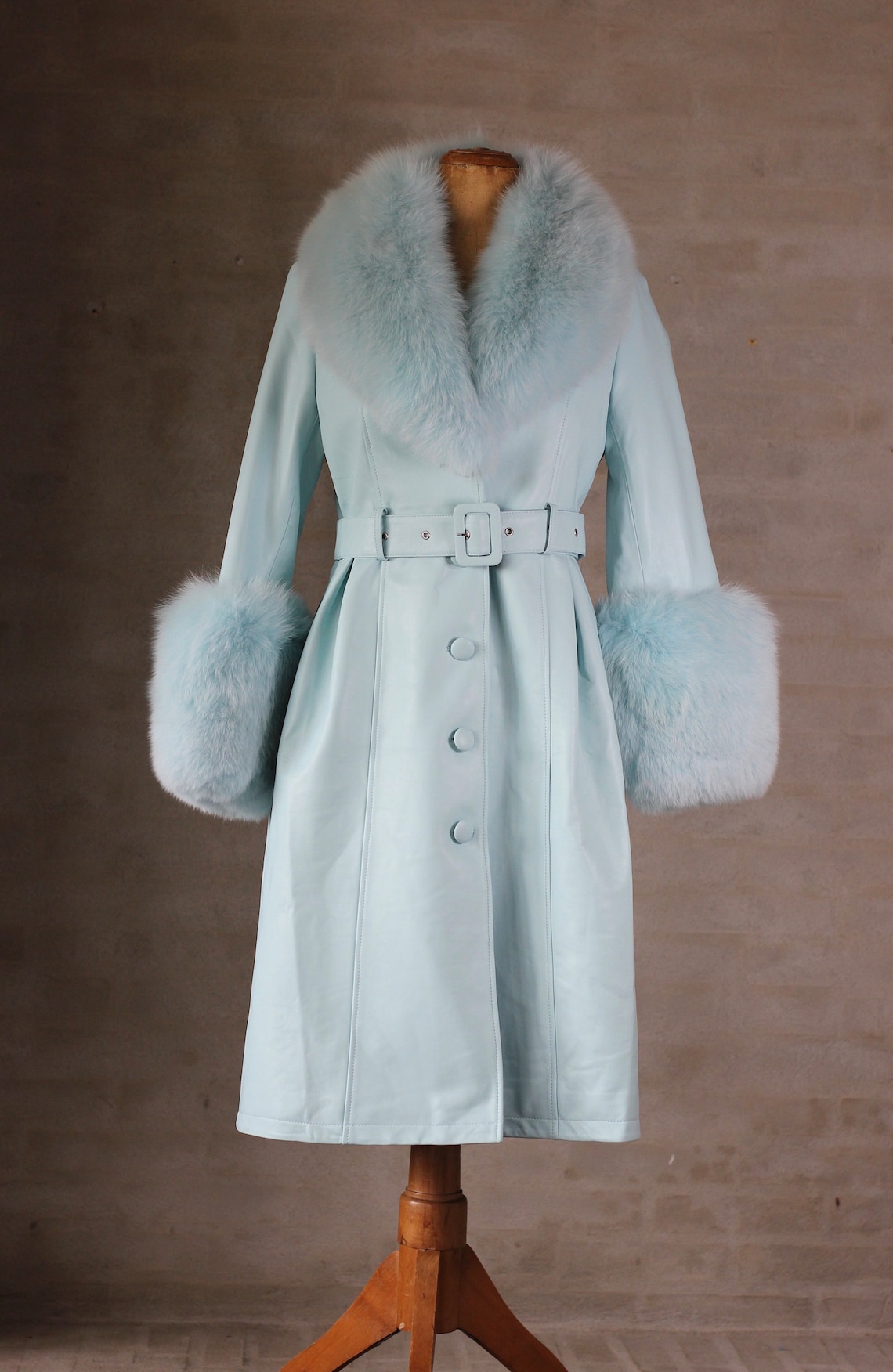 CLARA Size L M Light Blue Leather Trench Coat With Fox Fur Cuffs and ...