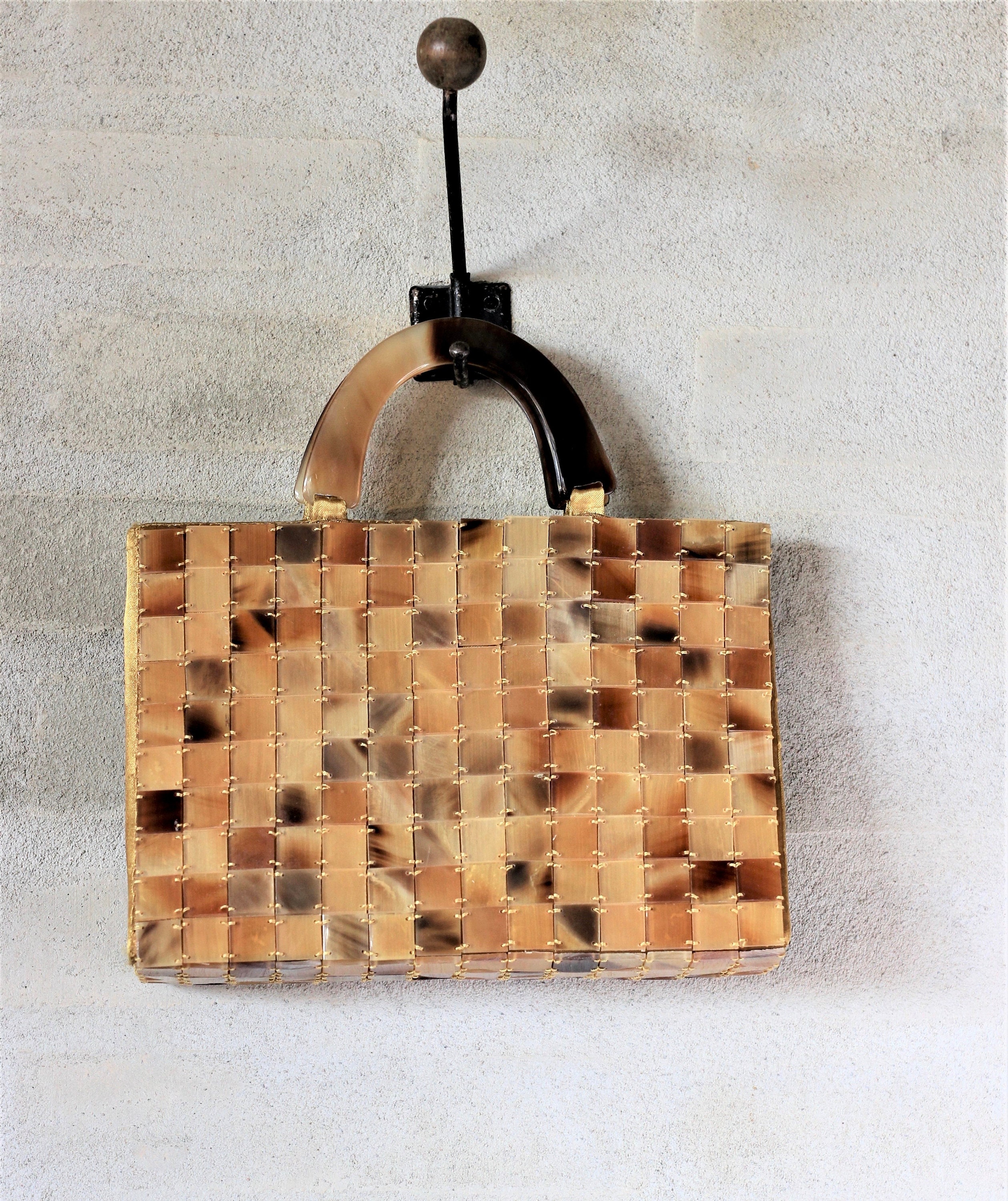 1960s Beautiful Vintage Tortoise Lucite Squares Handbag With Gold Satin ...