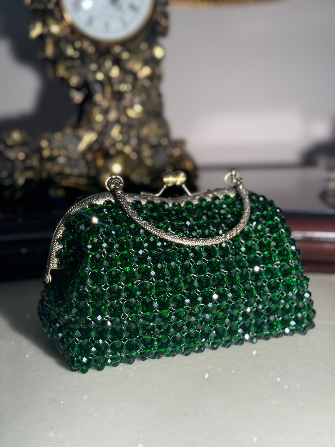 Green Crystal Bag. Handmade Bead Bags.beaded Bags. Beaded Bags. Crystal ...