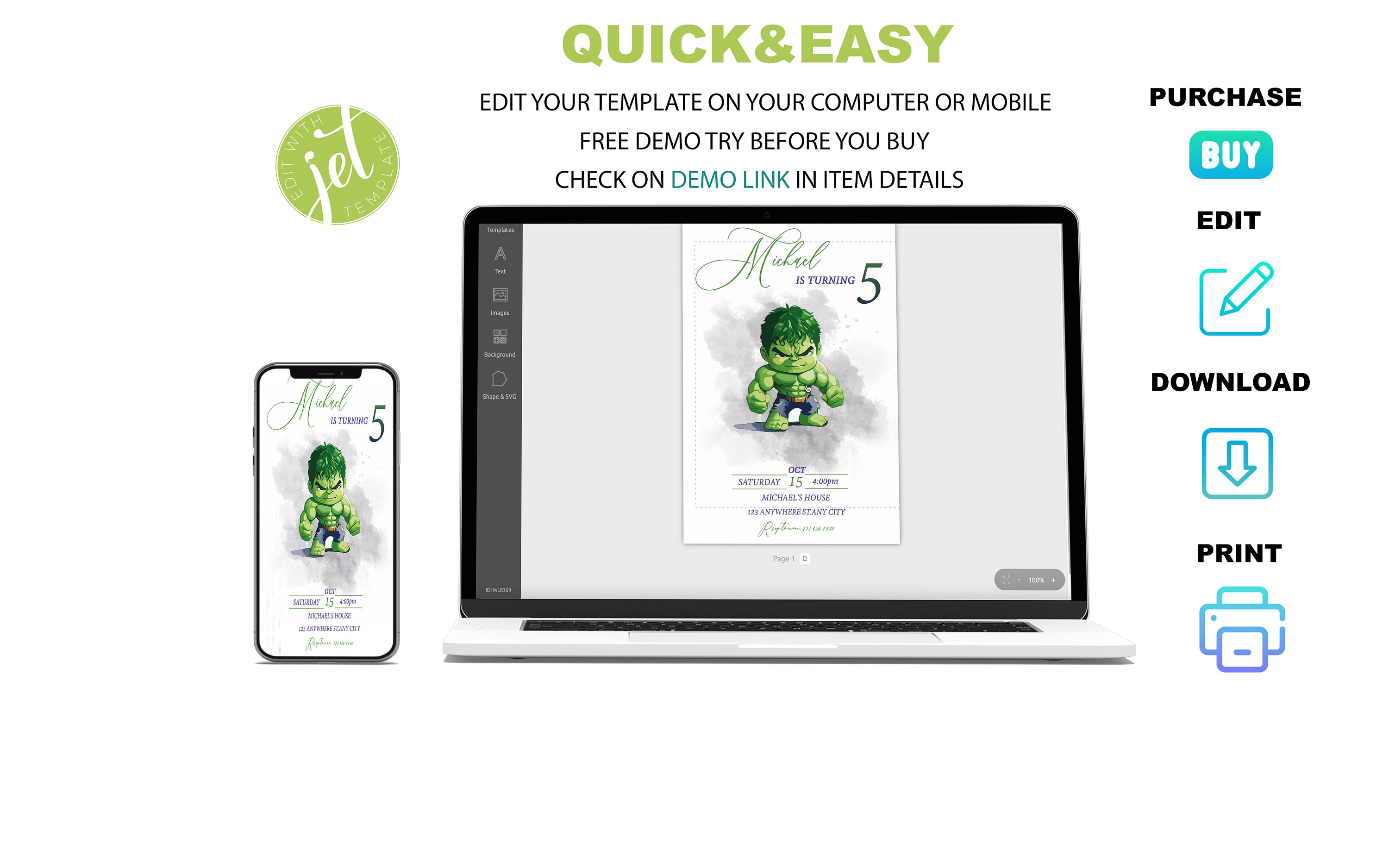 Editable Hulk Birthday Invitation Template: Watercolor Party Invite ...