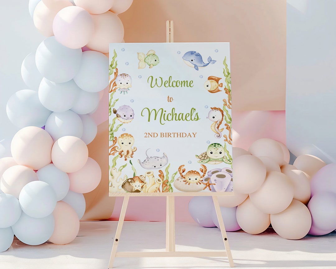 Editable Watercolor Under the Sea Birthday Welcome Sign (digital ...