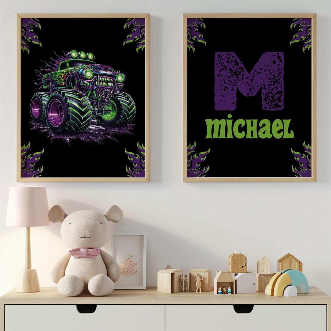 Personalized Monster Truck Wall Art for Boys Room, Custom Name Monster ...