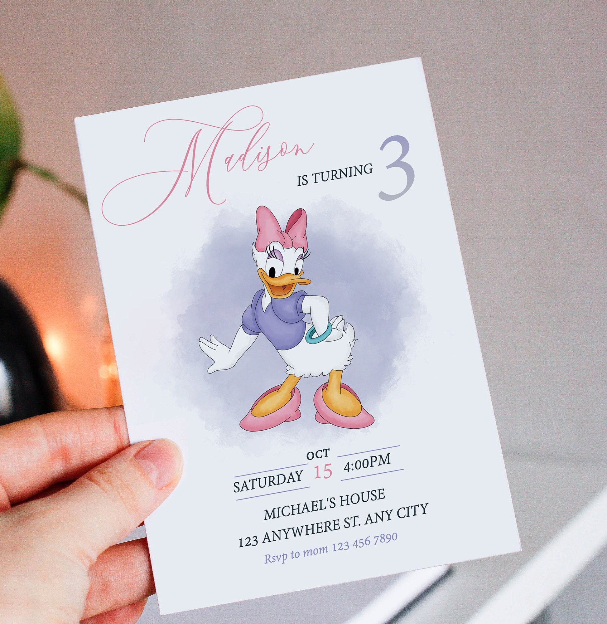 Editable Daisy Duck Birthday Invitation, Watercolor Girls Birthday ...