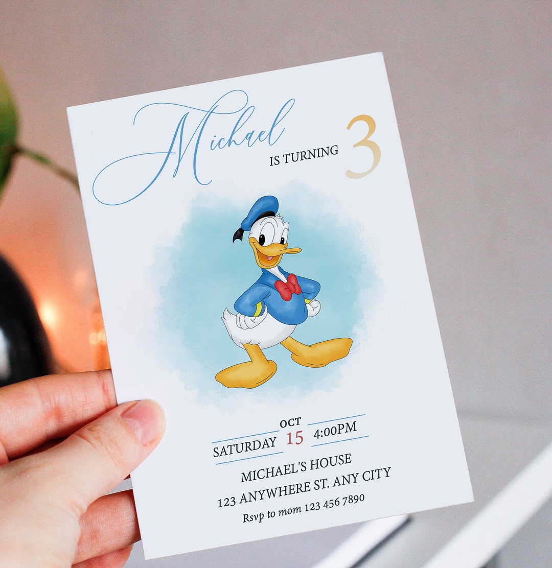 Editable Donald Duck Birthday Invitation, Watercolor Birthday ...