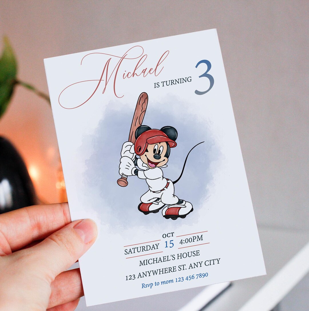 Editable Watercolor Mickey Mouse Baseball Birthday Invitation (digital ...