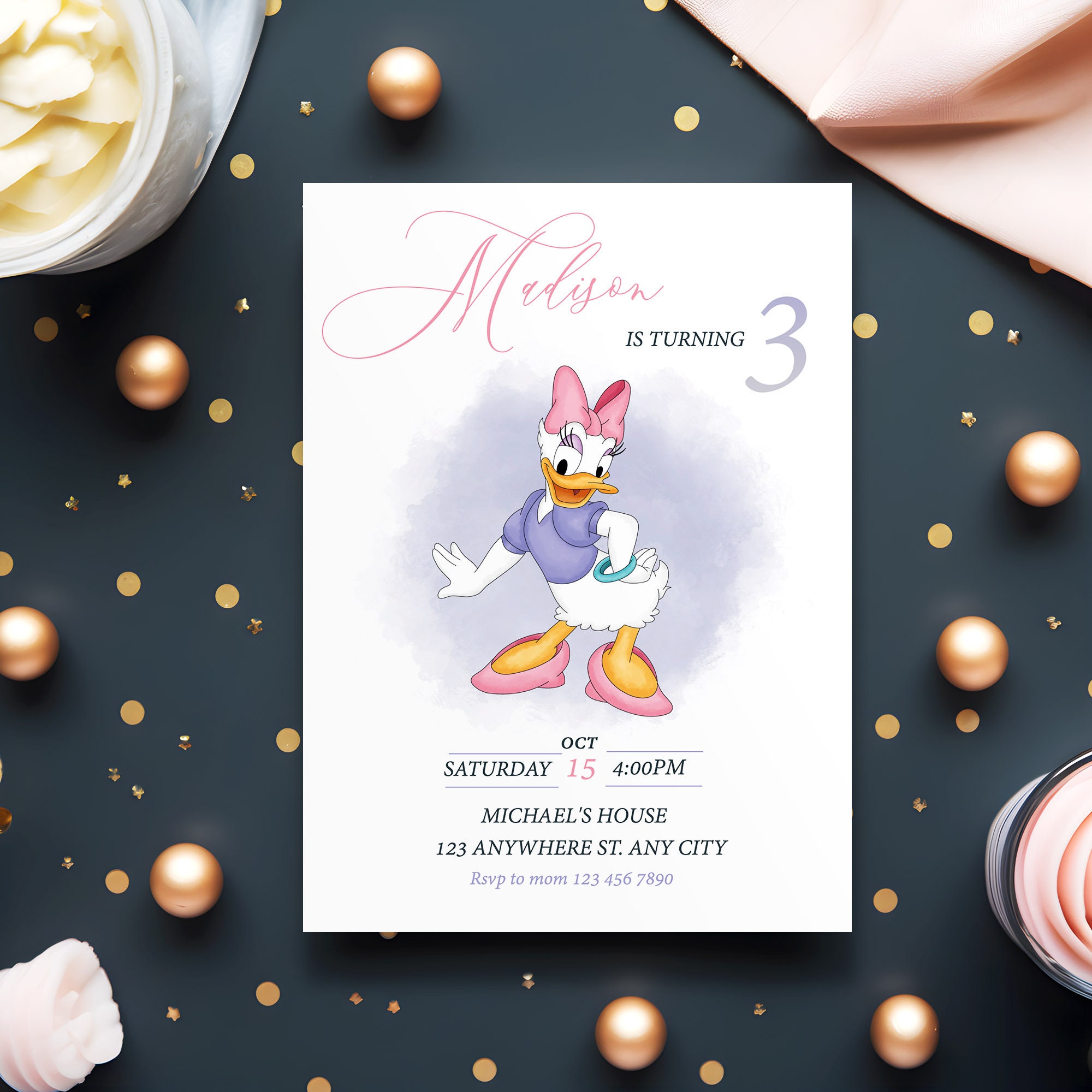 Editable Daisy Duck Birthday Invitation, Watercolor Girls Birthday ...