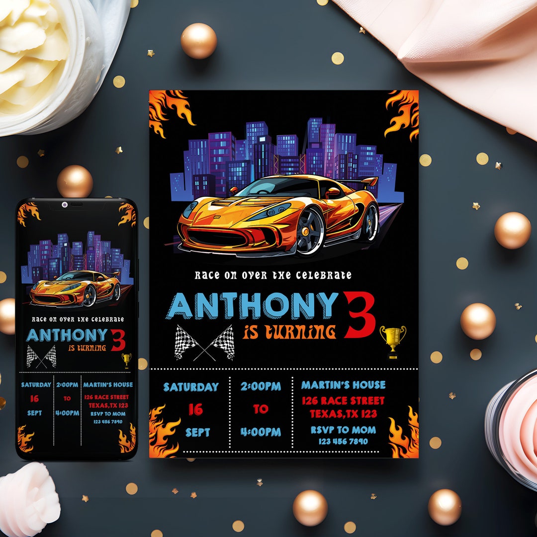 Editable Hot Cars Birthday Invitation, Wheels Birthday Digital ...