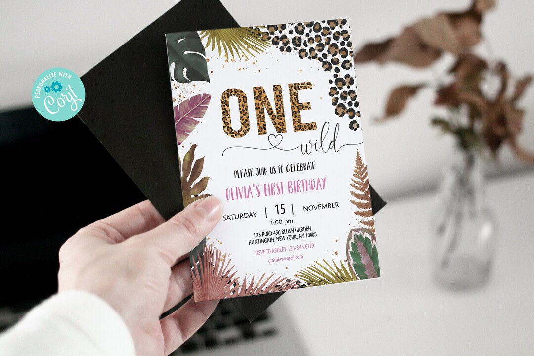 Editable Wild One Leopard Print Jungle Birthday Party Invitation ...
