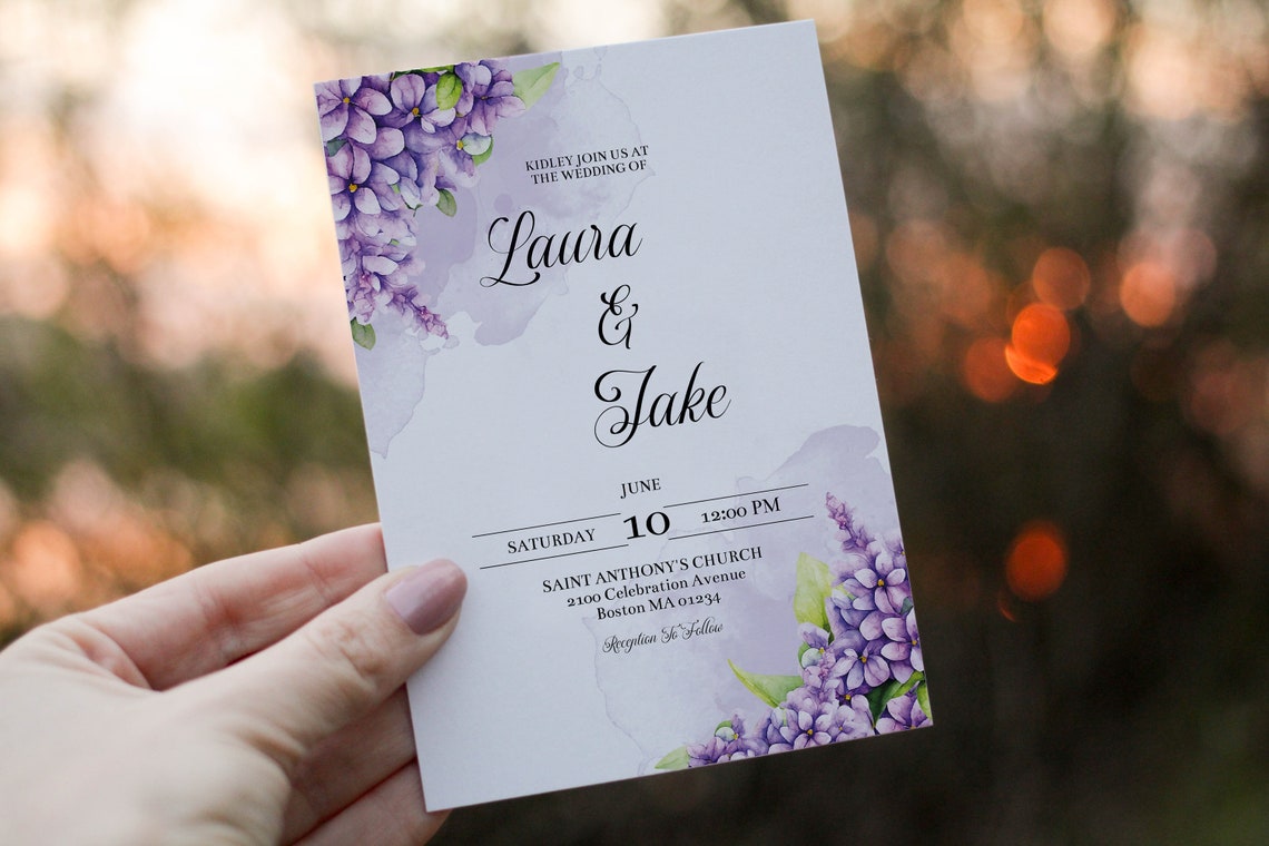 Lilac Wedding Invitation Template, Botanical Wedding Invite, Watercolor ...