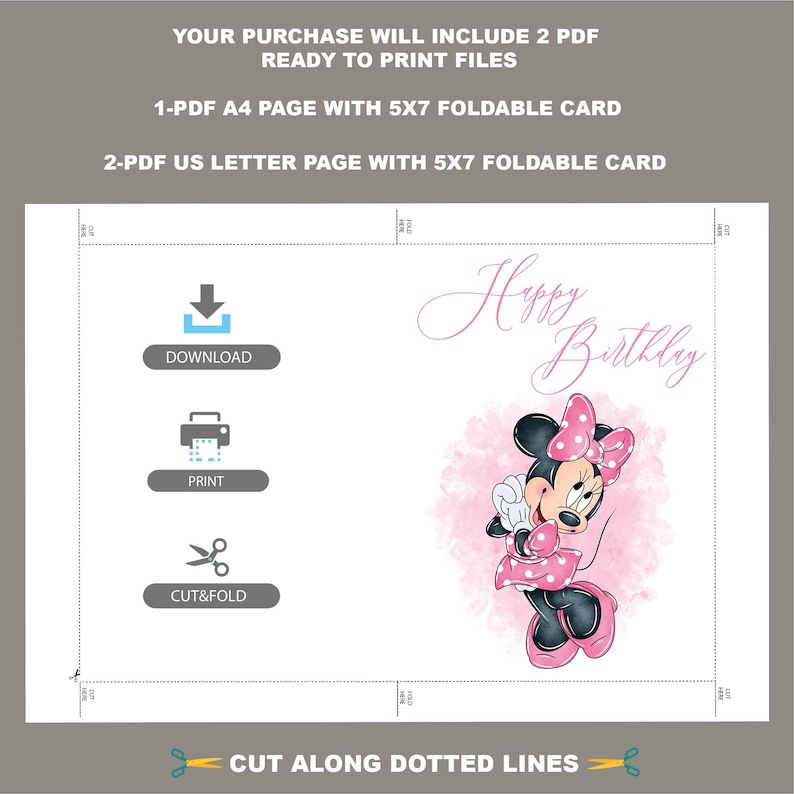 Minnie Mouse Pink Printable Birthday Card Template | 5x7 Folded ...