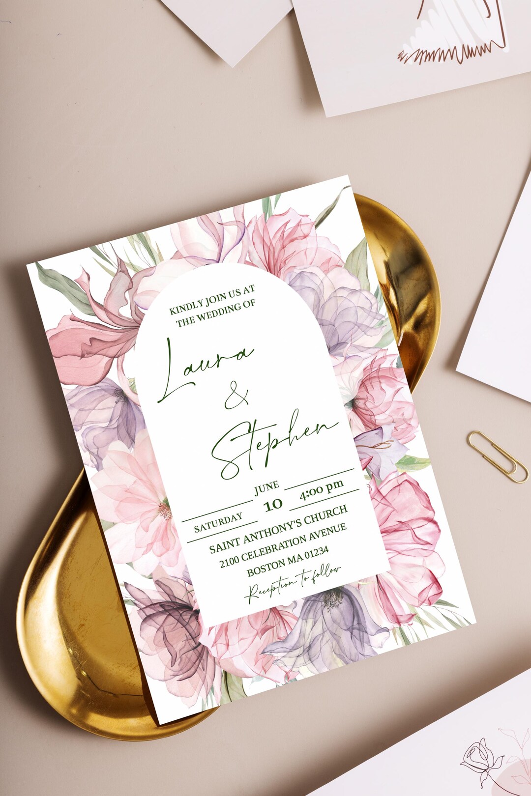 Blush Pink Wedding Invitation Template, Soft Pink Flowers Printable ...