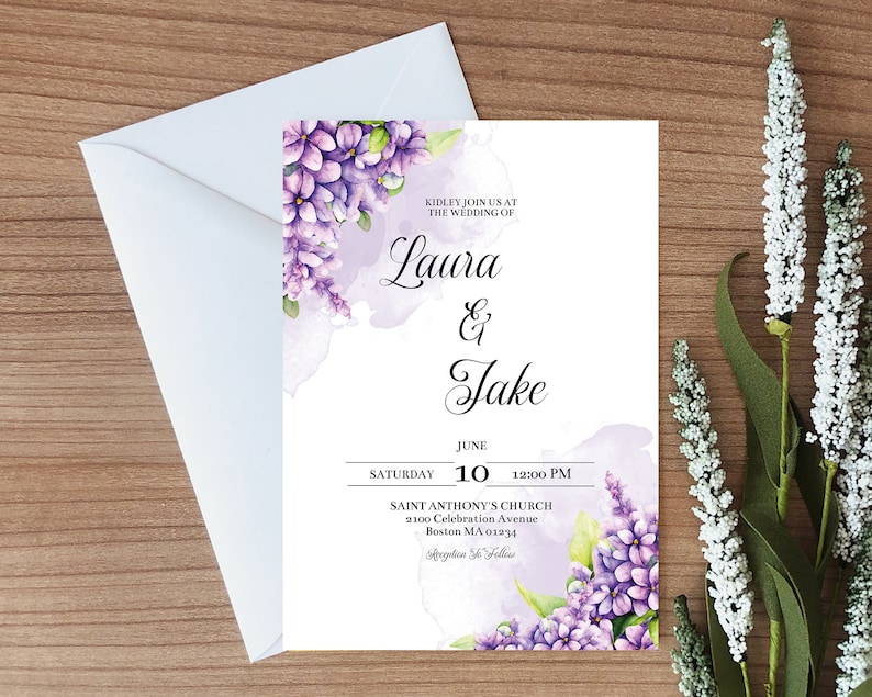 Lilac Wedding Invitation Template, Botanical Wedding Invite, Watercolor ...