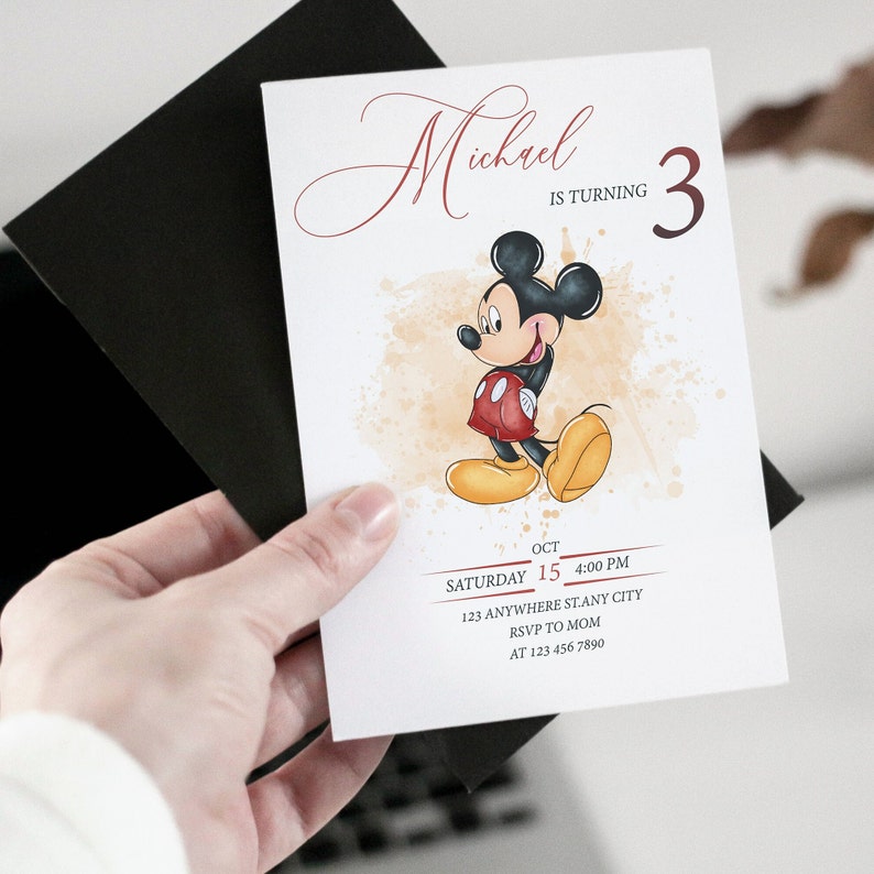 Mickey Mouse Birthday Invite, Birthday Invitation Mickey, Watercolor ...