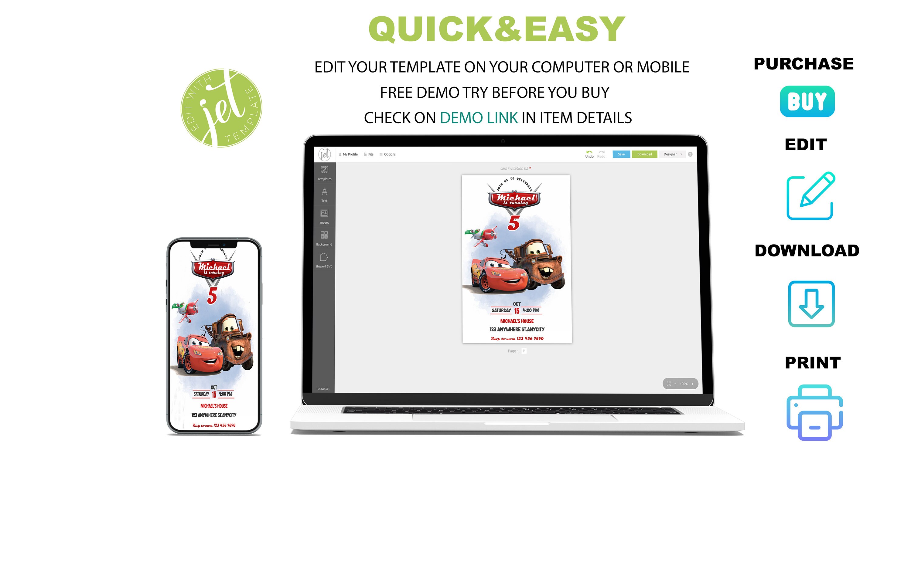 Cars Birthday Invitation, Lightning Mcqueen Birthday Invitation, Cars ...