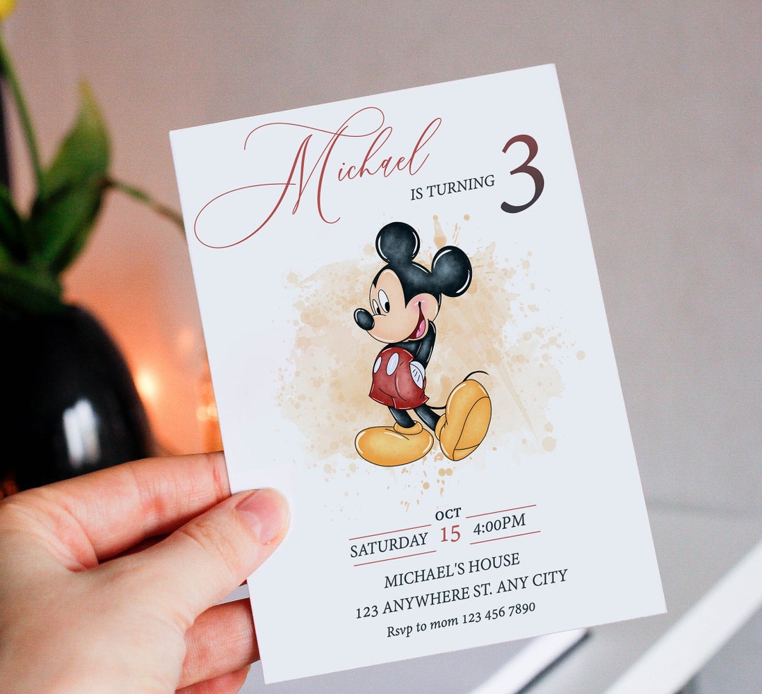 Editable Mickey Mouse Birthday Invitation | Watercolor Disney Party ...