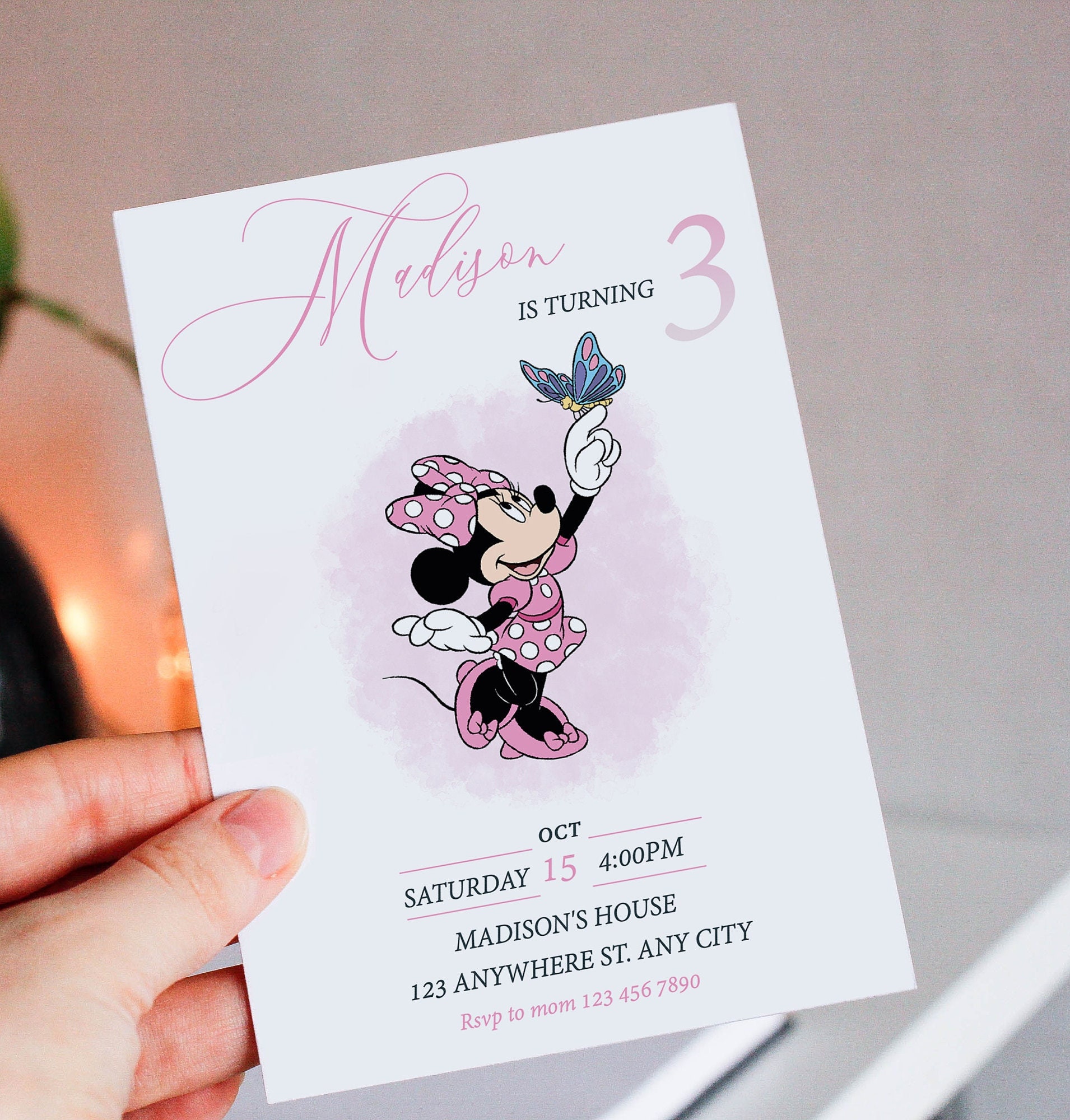 Editable Pink Minnie Mouse Birthday Invitation, Watercolor Girls ...