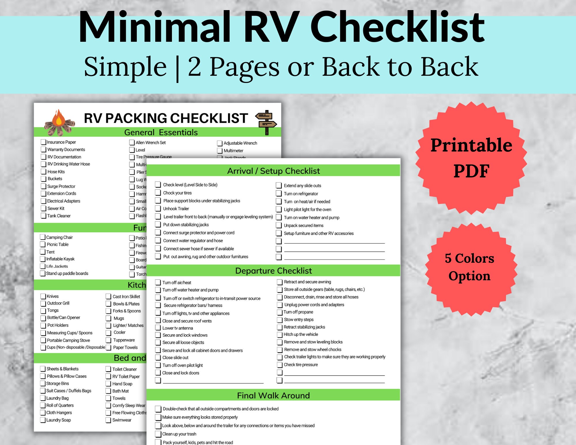 Digital RV Camping Checklist Complete Easy to Follow - 1 Page Back to ...