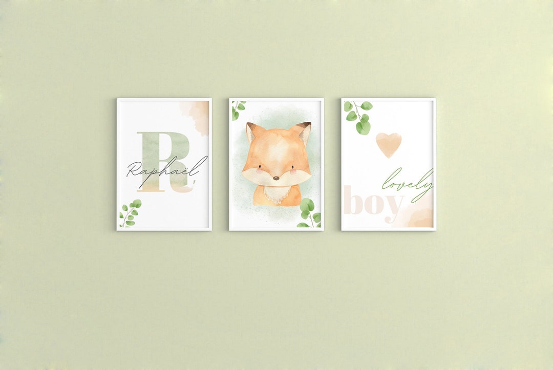 Baby-Fuchs-Poster, Set anpassbarer A4-Poster. Vorname des Kindes, niedliche Fuchs-Illustration ...